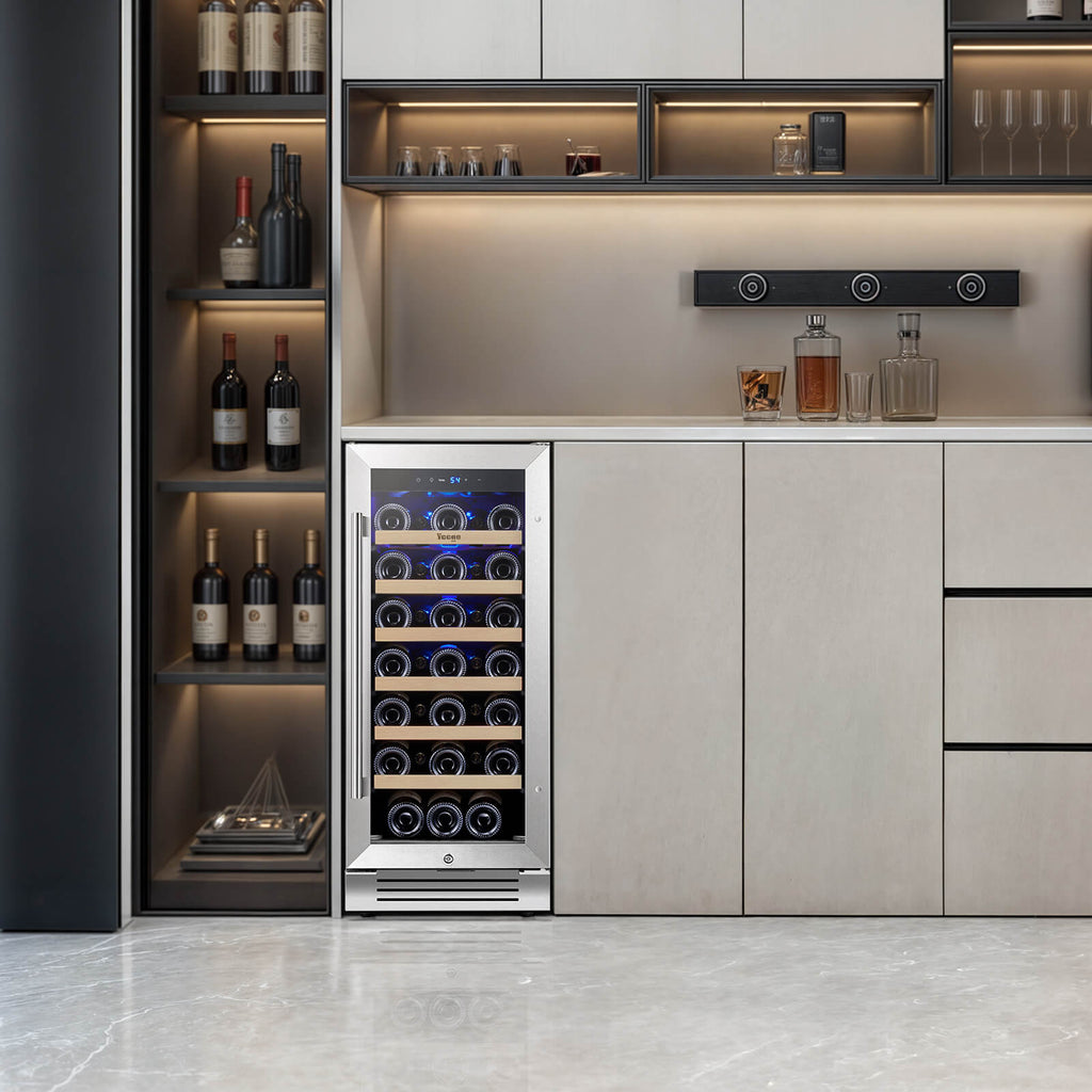 15 Inch Wide 33 Bottle Narrow Small Wine Fridge, Quiet Wine Cooler Und ...
